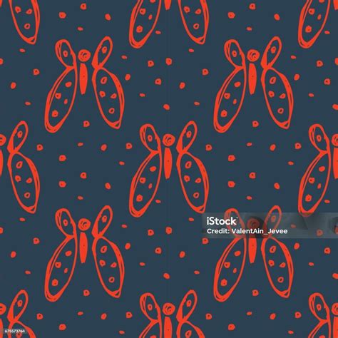 원활한 벡터 패턴 푸른 배경과 붉은 나비 배경 손 밑그림 그리기입니다 곤충과 손으로 그린 패턴의 시리즈입니다 곤충에 대한 스톡 벡터 아트 및 기타 이미지 Istock