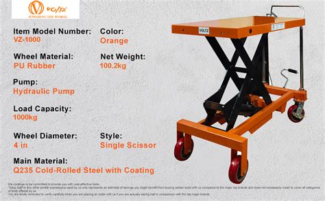 Voltz 1000 Kg Hydraulic Lift Trolley Max Height 900 Mm Manual Scissor