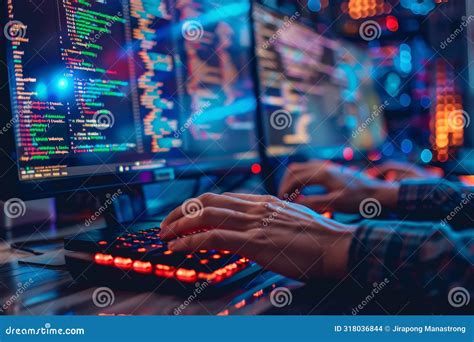 Programmer Is Hands On Keyboard Writing Source Code On Screen Monitor