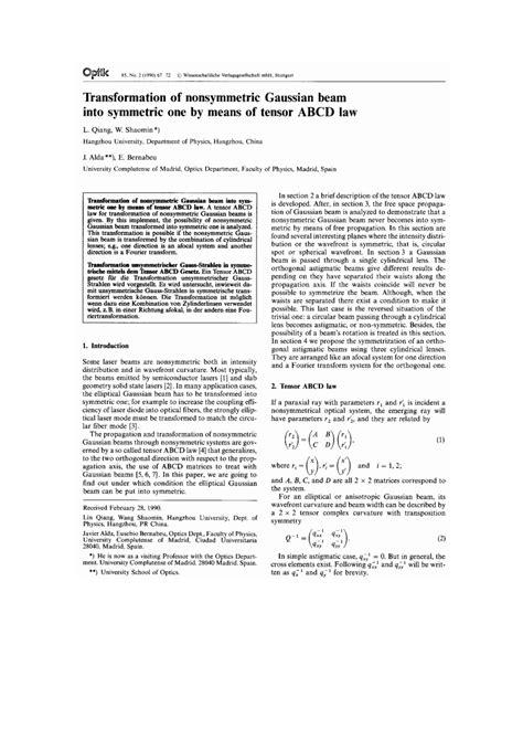 Pdf Transformation Of Nonsymmetric Gaussian Beam Into Symmetric One