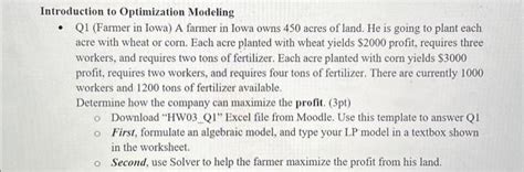 solved introduction to optimization modeling q1 farmer in