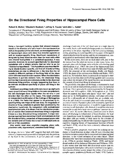 Pdf On The Directional Firing Properties Of Hippocampal Place Cells