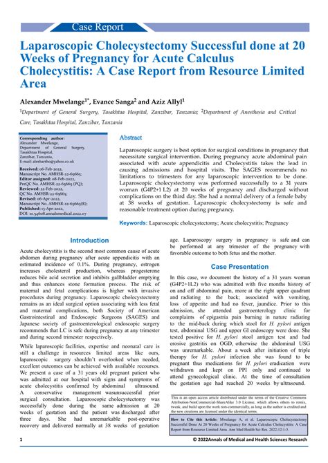 Pdf Laparoscopic Cholecystectomy Successful Done At 20 Weeks Of