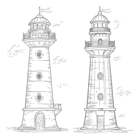 흑백 윤곽 스케치 드로잉으로 그려진 두 개의 등대 벡터 등대 그리기 등대 개요 등대 스케치 Png 일러스트 및 벡터 에 대한 무료 다운로드 Pngtree