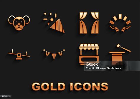 깃발과 카니발 화환 세트 카드 놀이 마술 모자 지팡이 패스트 스트리트 푸드 카트 시소 서커스 커튼 레이즈 원숭이 및 축제 색종이 아이콘 벡터 가공의 인물에 대한 스톡 벡터