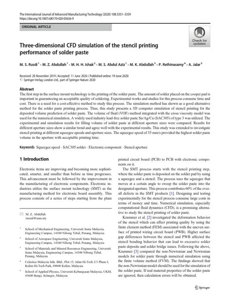 three dimensional cfd simulation of the stencil printingperformance of
