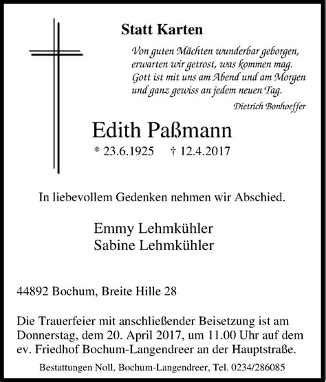 Traueranzeigen Von Edith Paßmann Trauer In Nrwde