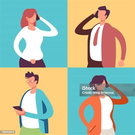 전화 통화 사람 문자 통신 개념입니다 벡터 플랫 만화 그래픽 디자인 일러스트 Brand Name Online Messaging Platform에 대한 스톡 벡터 아트 및