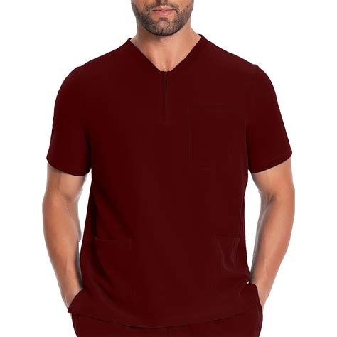 Yaoyar Mens Partial Zip V Neck Scrub Top Rib Knit Panels 2 Zip
