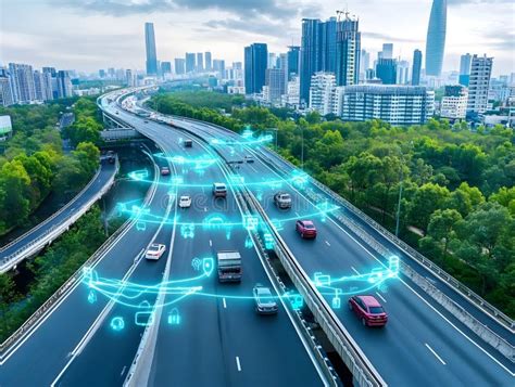Futuristic Smart City Skyline With Eco Friendly Autonomous Vehicles On Intelligent Highway Stock