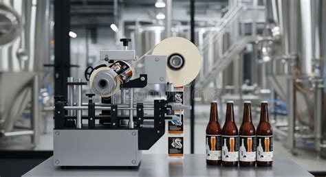 Labeling Machine Applying Sticker To Beer Bottle In Modern Brewery