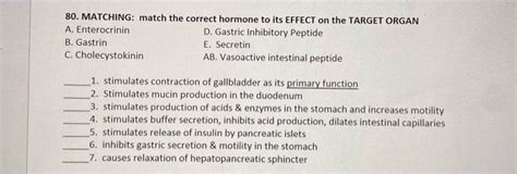 Solved MATCHING Match The Correct Hormone To Its EFFECT Chegg