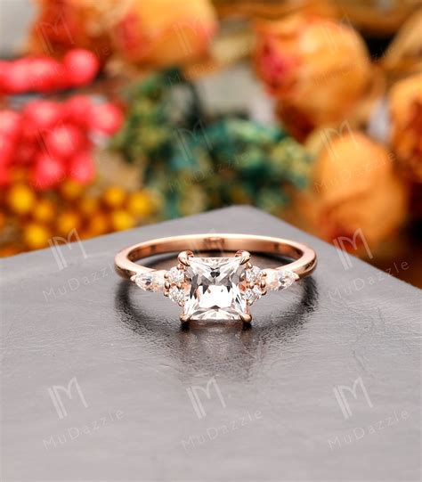 Antique 6mm Princess Cut White Sapphire Engagement Ring Rose Gold Women