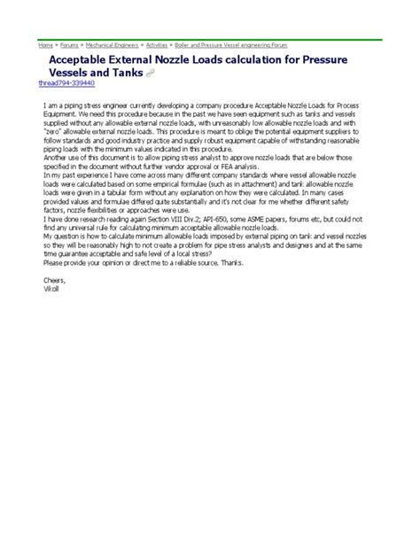Acceptable External Nozzle Loads Calculation For Pressure Vesse Pdf