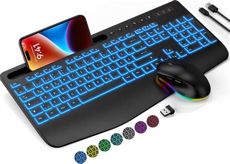 Wireless Keyboard And Mouse Set 7 Colored Backlit Wrist Rest Rechargeable Ergonomic Keyboard