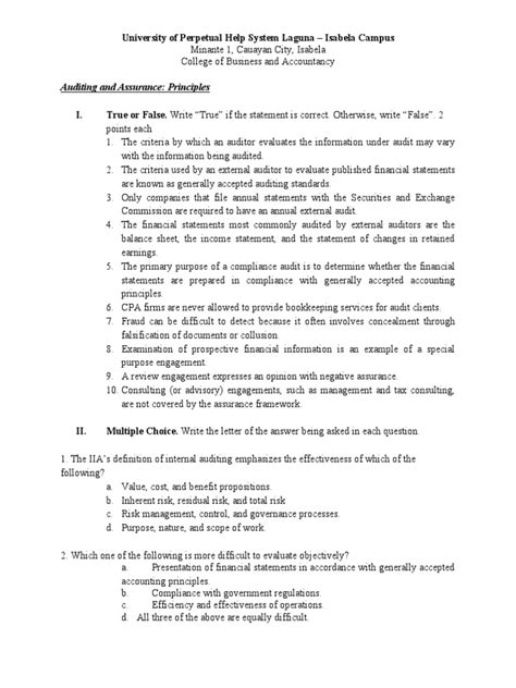 Auditing And Assurance Principles Prelim Exam Pdf Financial Audit Audit