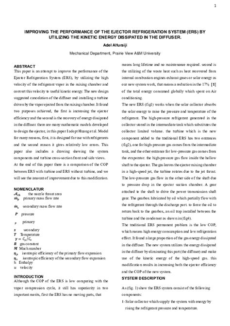 Pdf Improving The Performance Of The Ejector Refrigeration System Ers By Utilizing The