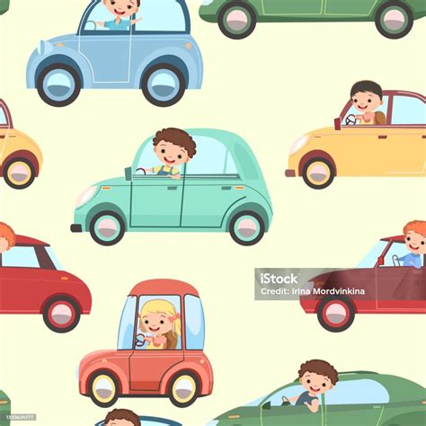 아이들은 자동차를 운전합니다 원활한 만화 패턴 어린이 운전자 닫기 어린이 배경 일러스트 다양한 자동차 장난감 차량 모터 자동차와 트럭 자동차 벡터 장난감 자동차에 대한 스톡