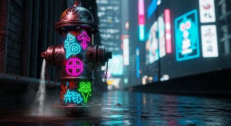 Colorful Graffiti Covered Fire Hydrant On Wet City Street At Night With