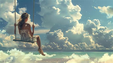 A Young Girl Swings On A Rope Swing Over A Vast Ocean Of Clouds The Sky