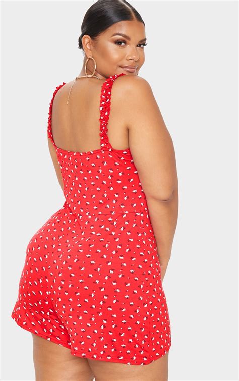 Plus Red Ditsy Floral Romper Plus Size Prettylittlething Usa