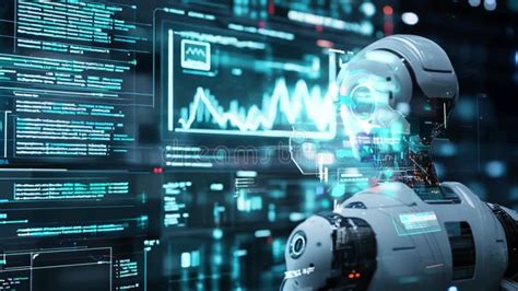 A Robotic Figure Observes Data Displayed On A Digital Screen In A Futuristic Environment At