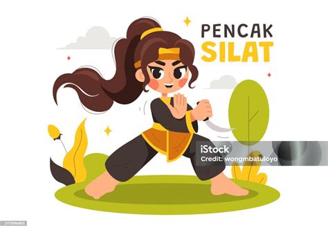 Pencak Silat 스포츠 벡터 일러스트 레이 션은 평면 스타일 만화 배경에서 전통적인 인도네시아 전투 자세에서 포즈를 취하는 무술가를 특징으로합니다 건강한 생활방식에