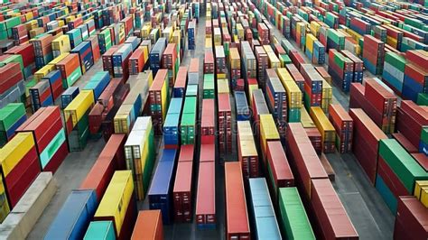 Aerial View Of Many Colorful Shipping Containers Stacked In Rows At A