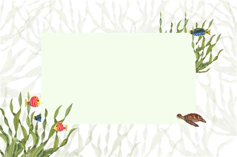 흰색 배경에 분리된 해양 스타일의 수채화 프레임 물고기 거북이 조류 엽서 디자인 다른 초대장 템플릿 생일 카드를위한 완벽한 그림 해초 조류에 대한 스톡 벡터 아트 및 기타