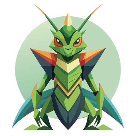 A Big Humanoid Grasshopper Pokemom Full Body Image White Background Vector Illustration Flat 2