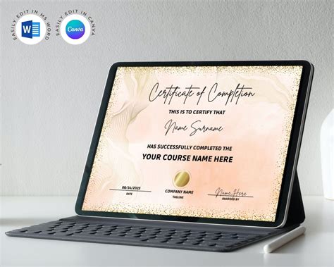 Editable Certificate Of Completion Template Award Template Printable