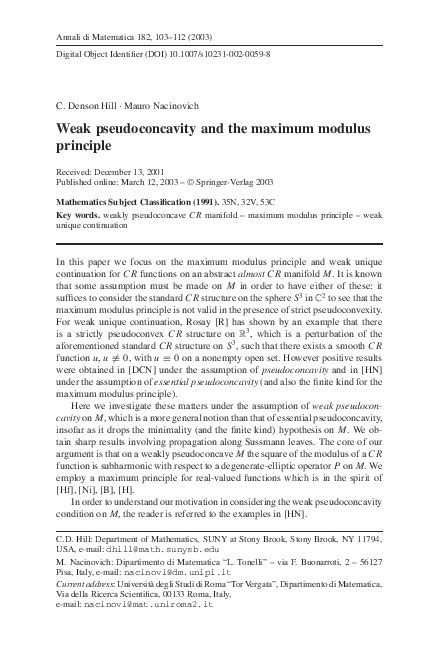pdf weak pseudoconcavity and the maximum modulus principle mauro