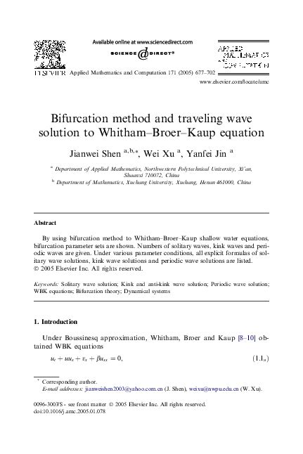 Pdf Bifurcation Method And Traveling Wave Solution To Whitham Broer Kaup Equation