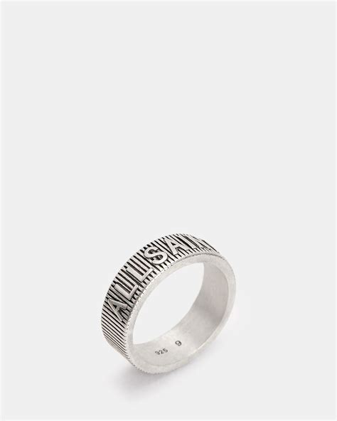 Allsaints Seth Sterling Silver Logo Ring In Warm Silver Endource