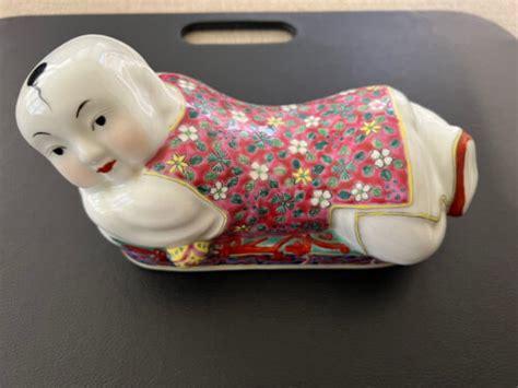 Chinese Porcelain Reclining Boy Opium Pillow Headrest Rose Famille
