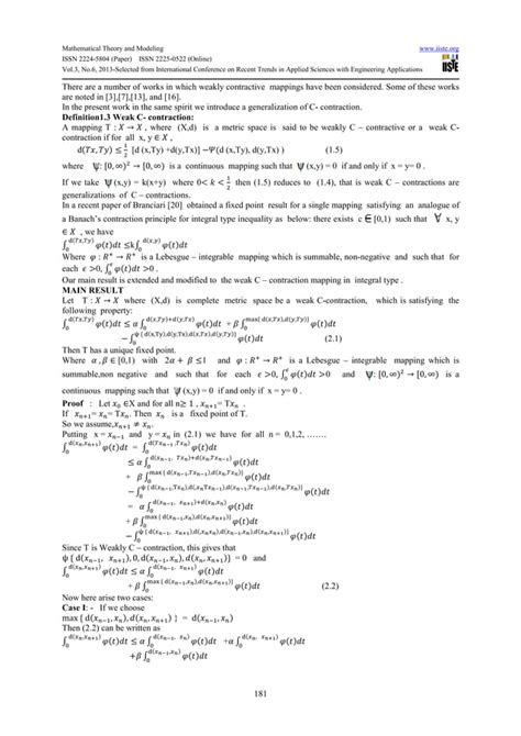 A Fixed Point Theorem For Weakly C Contraction Mappings Of Integral