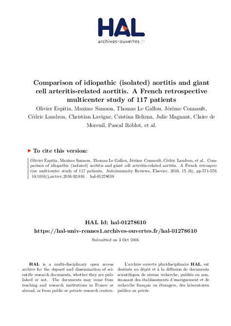 Pdf Comparison Of Idiopathic Isolated Aortitis And Giant Cell Arteritis Related Aortitis A