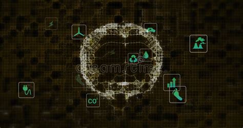 Glowing Circular Network Pulsing At Center Green Energy Icons Floating Over Digital Data Grid