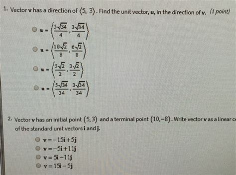 solved 1 vector v has a direction of 5 3 find the unit