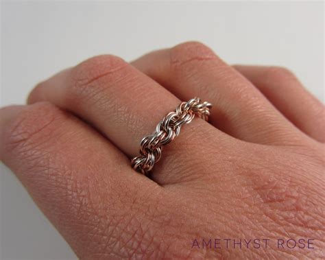 Double Spiral ~ Sterling Silver And Copper Chainmail Ring ~ Flexible Ring