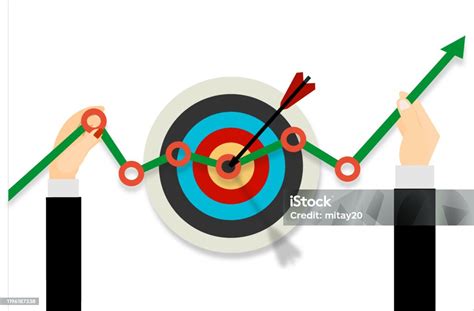 대상에서 화살표를 가리키는 사업가의 손 목표 설정 스마트 한 목표 비즈니스 대상 개념입니다 성취와 성공 플랫 스타일의 벡터 일러스트레이션 가리키기에 대한 스톡 벡터 아트 및