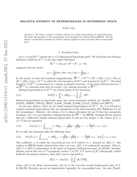 Pdf Relative Entropy Of Hypersurfaces In Hyperbolic Space