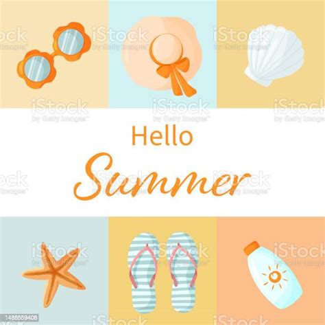 다양한 해변 요소가 있는 여름 배너입니다 안녕하세요 여름 텍스트입니다 선글라스 조개껍데기 선크림 닻 슬리퍼가 있는 밝은 해변 배너 여름 행사를 위한 템플릿 다중 색상 배경에