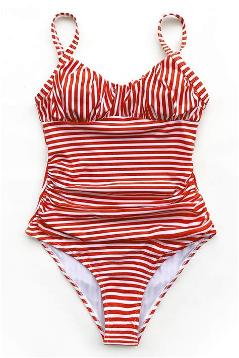 Cupshe Womens Red And White Stripe One Piece Swimsuit With Ruching