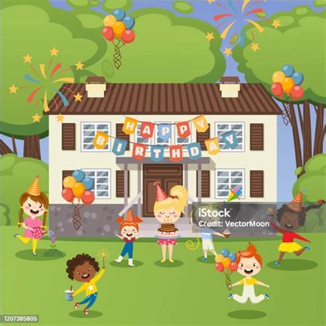 생일 행복한 아이 파티 벡터 일러스트레이션을 축하하는 어린이 생일에 대한 스톡 벡터 아트 및 기타 이미지 생일 야외 집 Istock