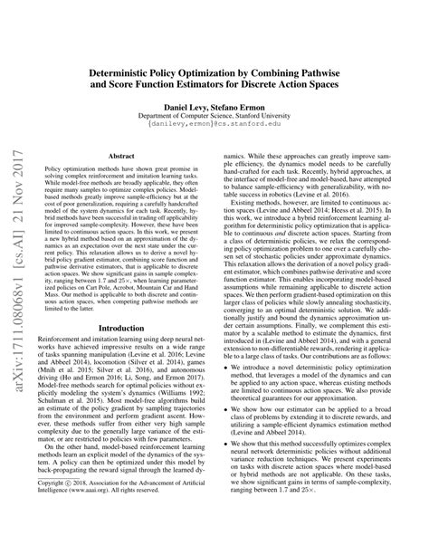 Pdf Deterministic Policy Optimization By Combining Pathwise And Score