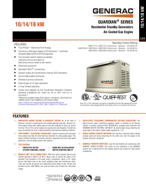 Generac G007223 0 G007224 0 G007225 0 G007226 0 G007228 0