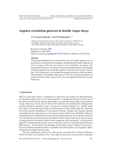 Pdf Angular Correlation Patterns In Double Auger Decay