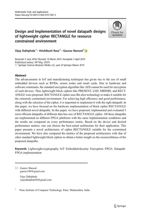 PDF Design And Implementation Of Novel Datapath Designs Of Lightweight Cipher RECTANGLE For