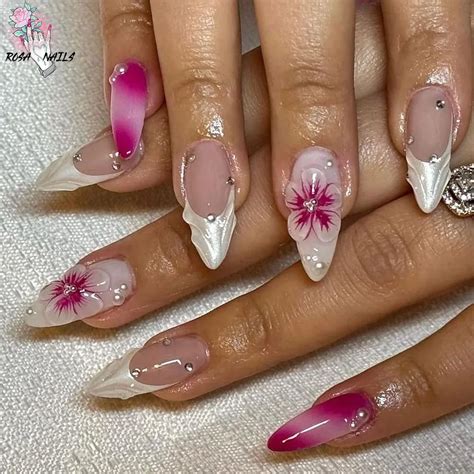Trendy 3d Flower French Tip Nails Purple Air Brush Nail Art Pink Hand